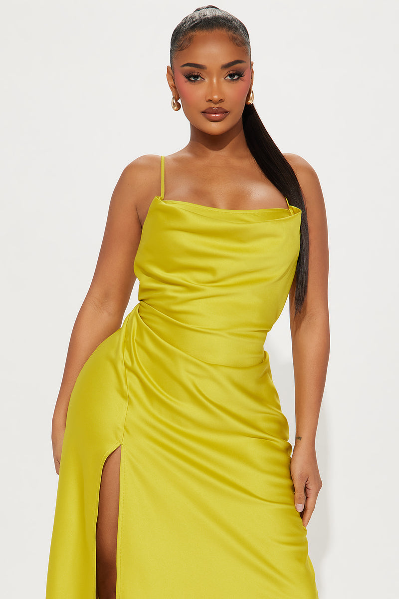 Bella Shiny Satin Midi Dress Mustard Fashion Nova Dresses