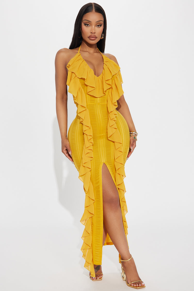 Devine Ruffle Maxi Dress Mustard Fashion Nova Dresses Fashion Nova