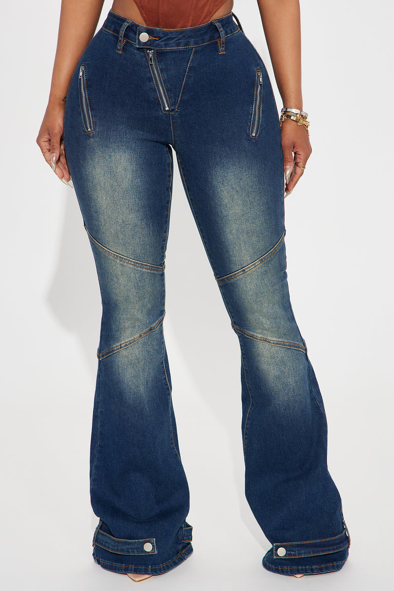 Let Me Introduce You Stretch Moto Flare Jeans Dark Wash Fashion