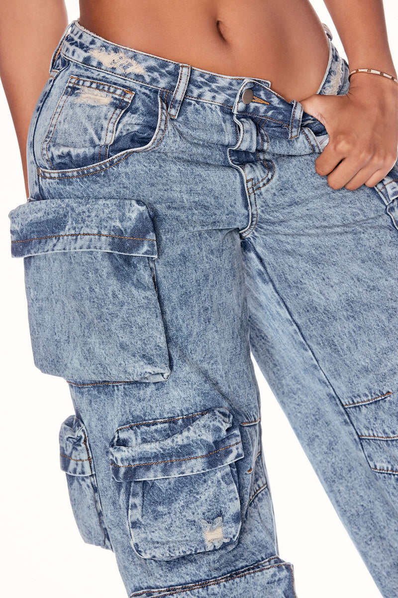 Nikki Non Stretch Acid Wash Cargo Jeans Medium Wash Fashion Nova