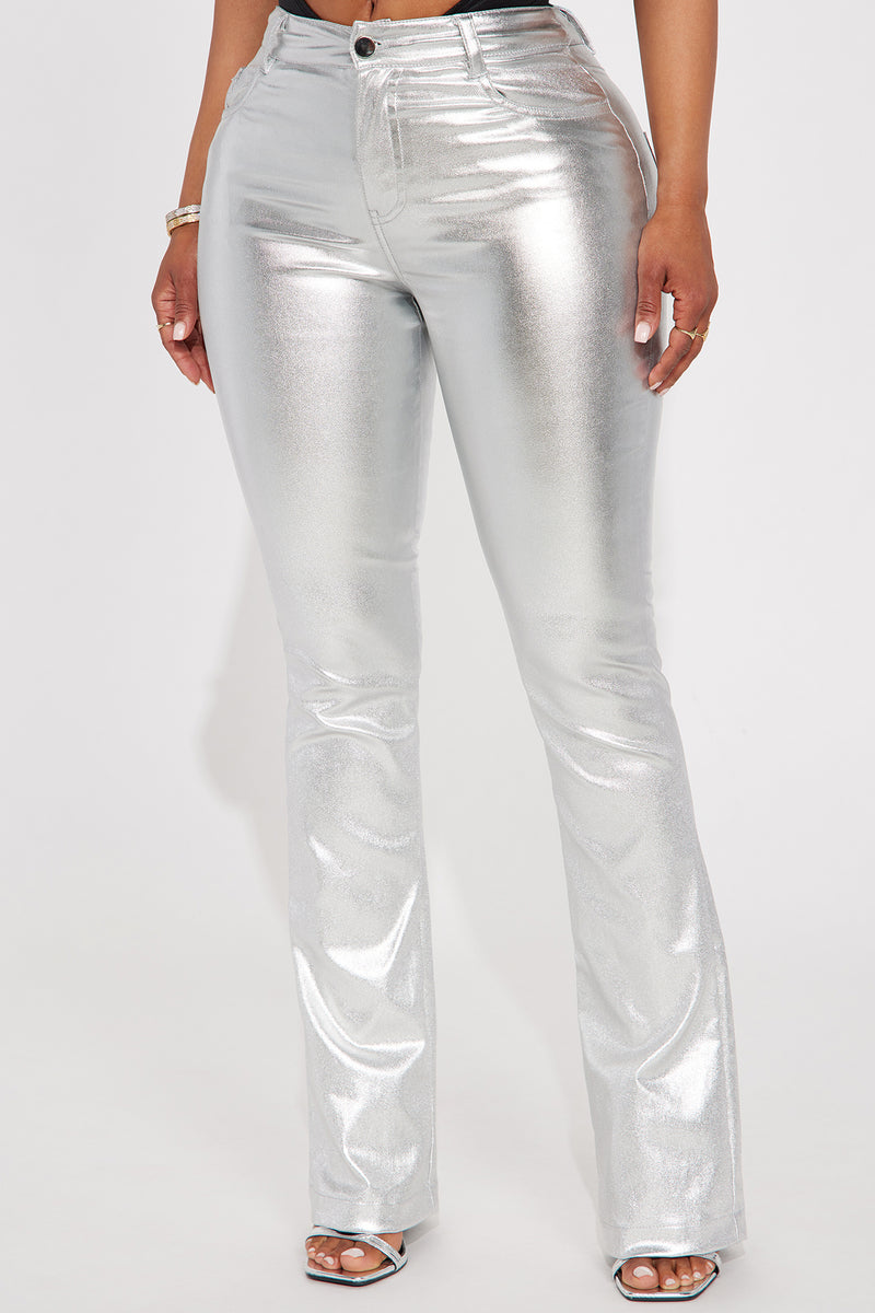 Behind The Flash Metallic Flare Pant - Silver | Fashion Nova, Pants | Fashion Nova