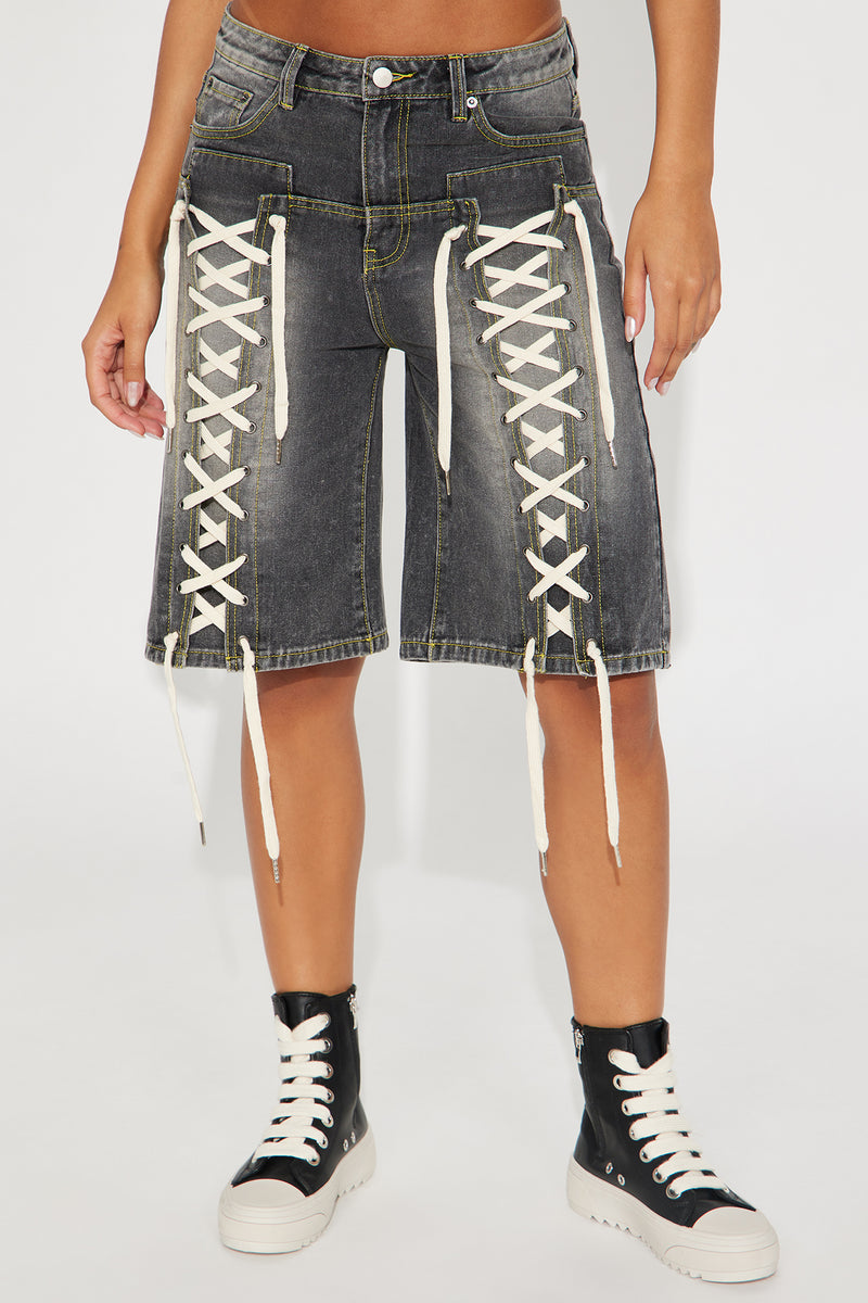 Lets Go Lace Up Denim Jorts - Grey | Fashion Nova, Jean Shorts | Fashion Nova