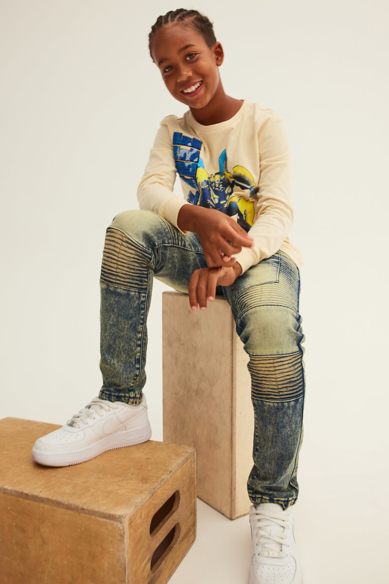 Mini Stretch Denim Splatter Moto Jeans - Indigo | Fashion Nova, Kids Pants & Jeans | Fashion Nova