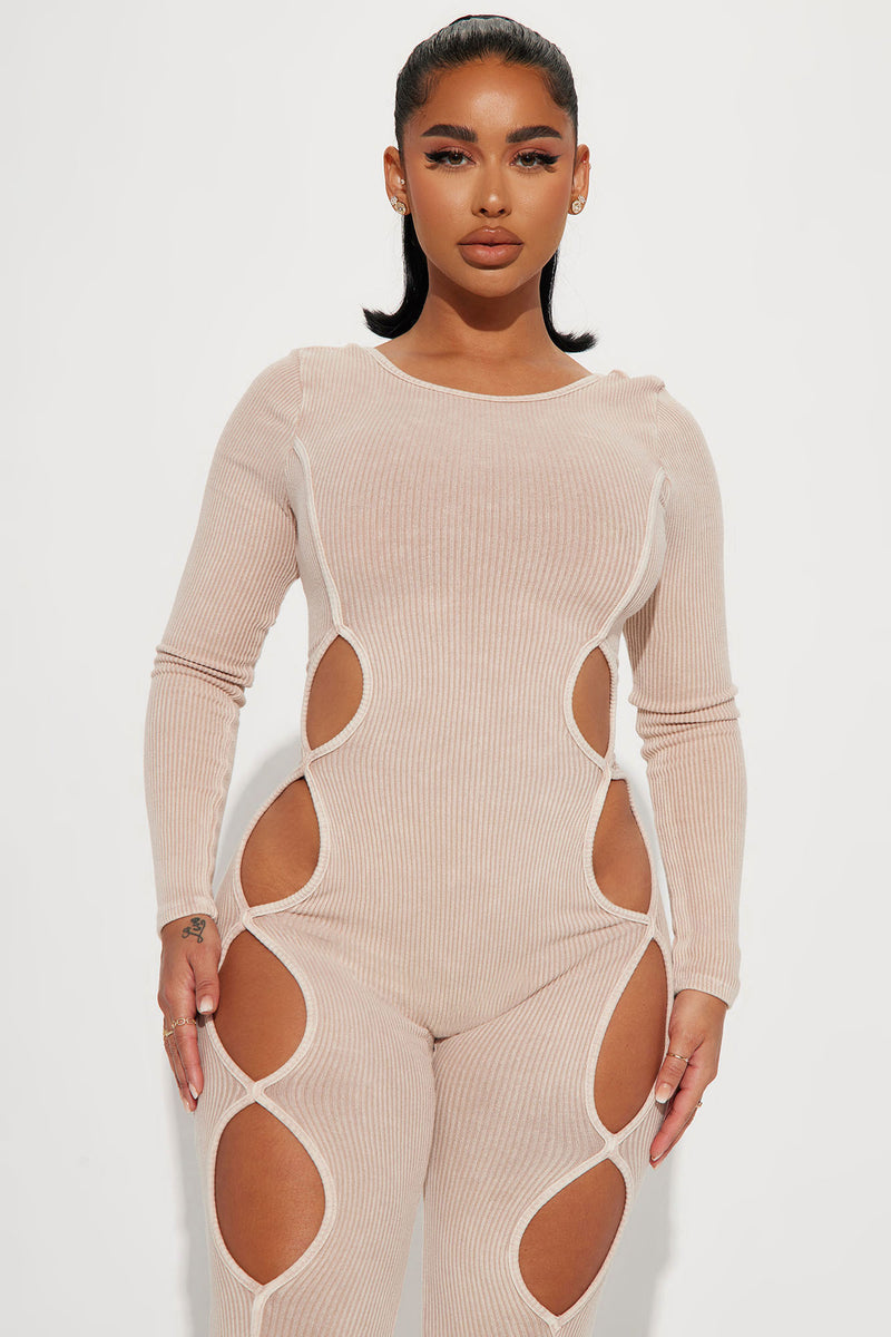 Audrina Mineral Wash Rib Jumpsuit Sand Fashion Nova Jumpsuits