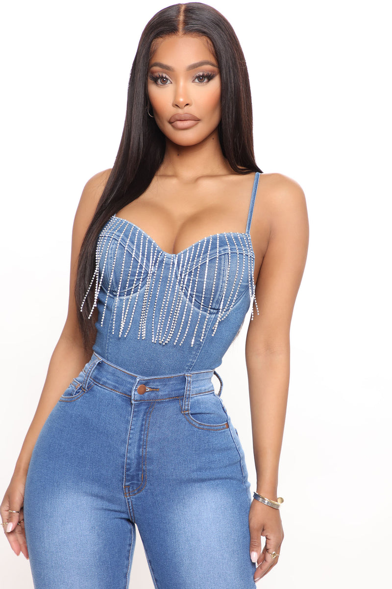 Elsie Rhinestone Denim Bodysuit - Medium Wash | Fashion Nova, Bodysuits | Fashion Nova