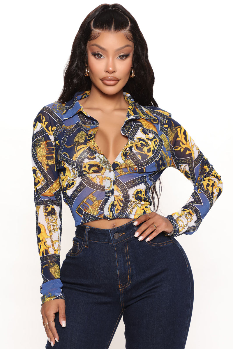 Flights To France Mesh Top - Blue/combo | Fashion Nova, Knit Tops | Fashion Nova