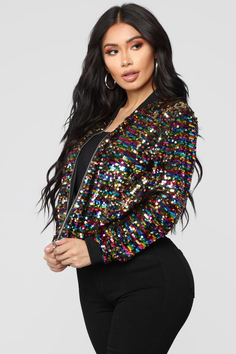 Black Sequin Bomber Jacket
