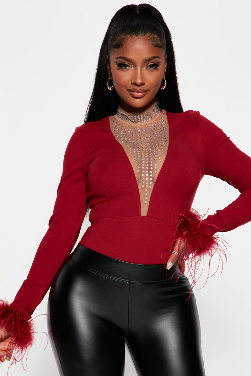 Rich Romance Feather Bodysuit Burgundy Fashion Nova Bodysuits