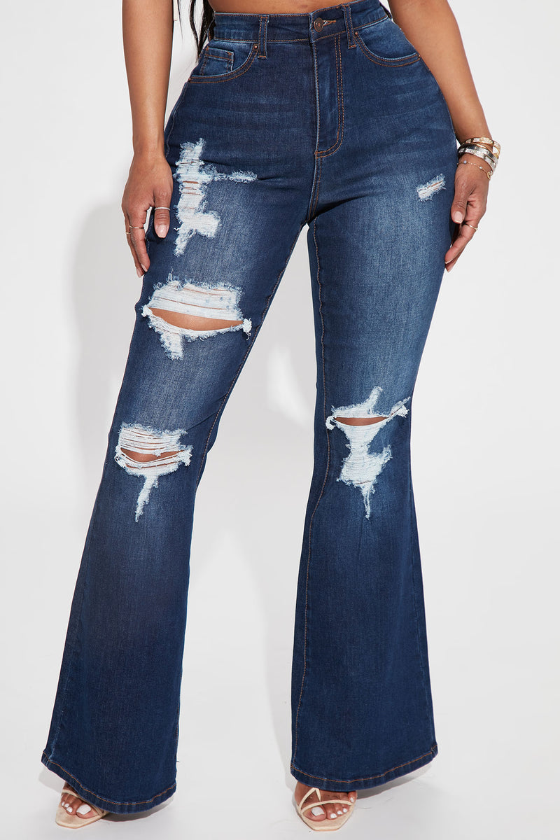 Racing Heart Ripped Flare Jeans - Dark Wash | Fashion Nova, Jeans | Fashion Nova