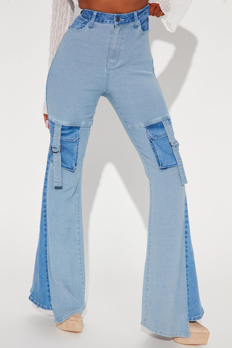 Yours Truly Two Tone Cargo Flare Jeans - Light Blue Wash | Fashion Nova, Jeans | Fashion Nova