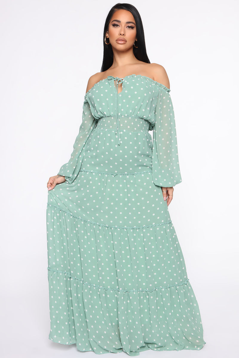 Love Infusion Off Shoulder Polka Dot Dress Sage Fashion Nova