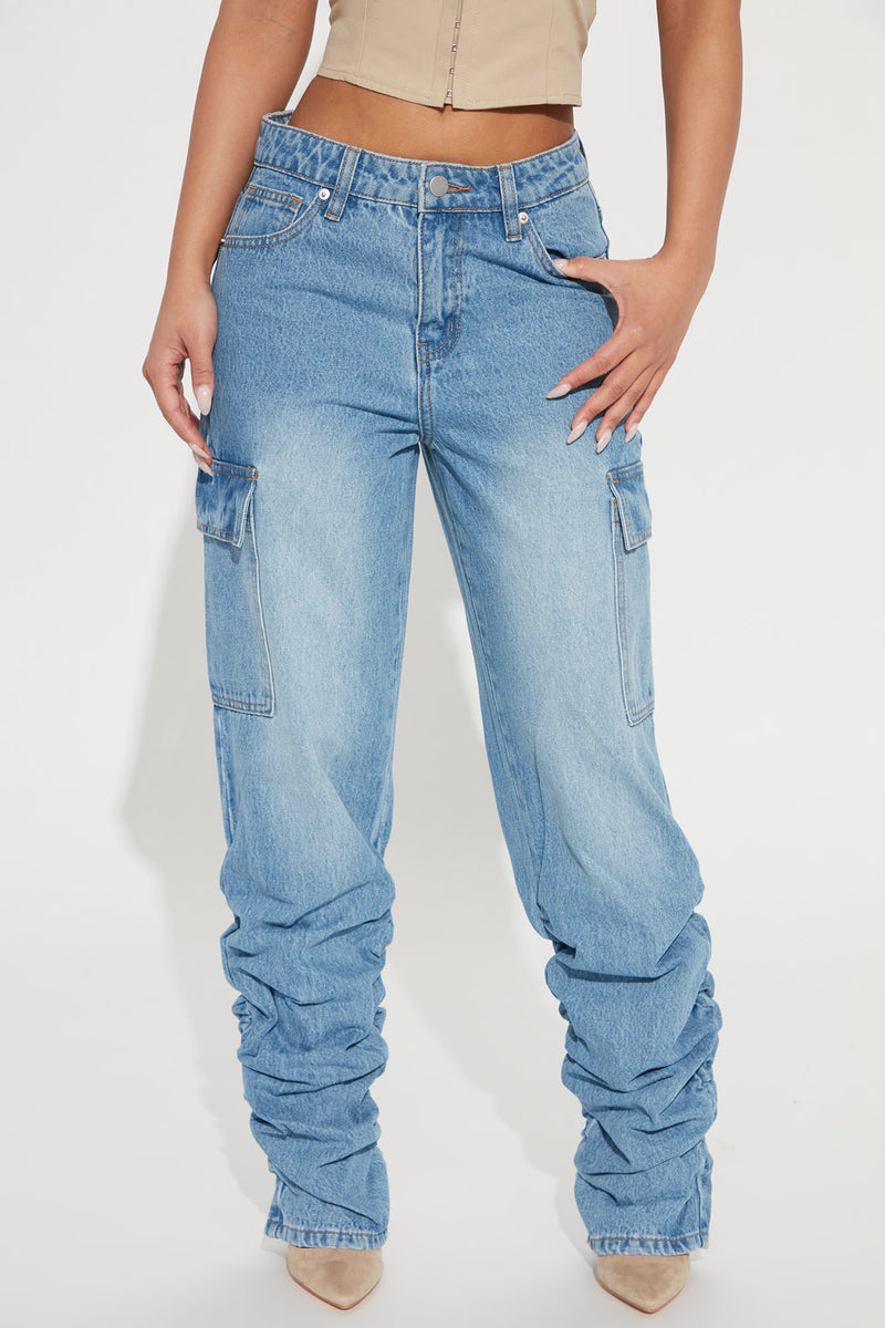 Acting Up Non Stretch Stacked Cargo Jean Medium Wash Fashion Nova