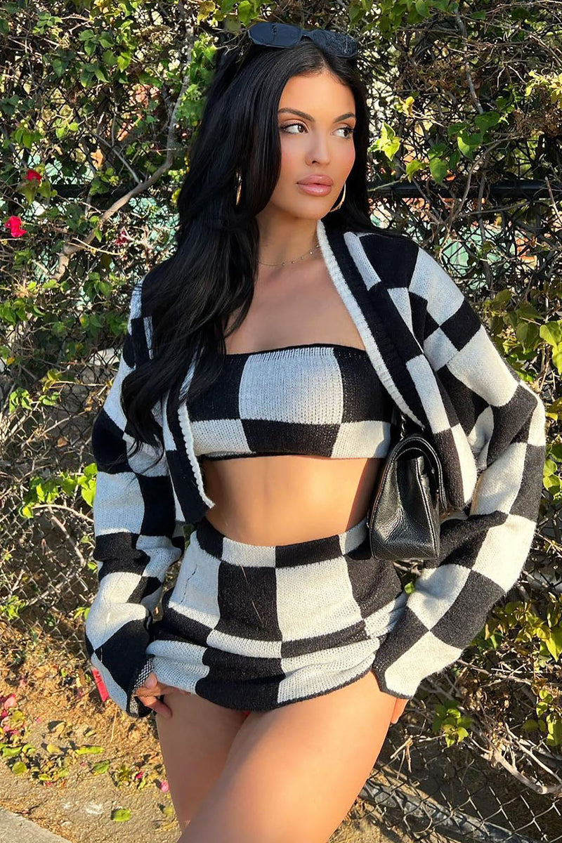 Janette 3 Piece Sweater Skirt Set - Black/White | Fashion Nova, Matching Sets | Fashion Nova