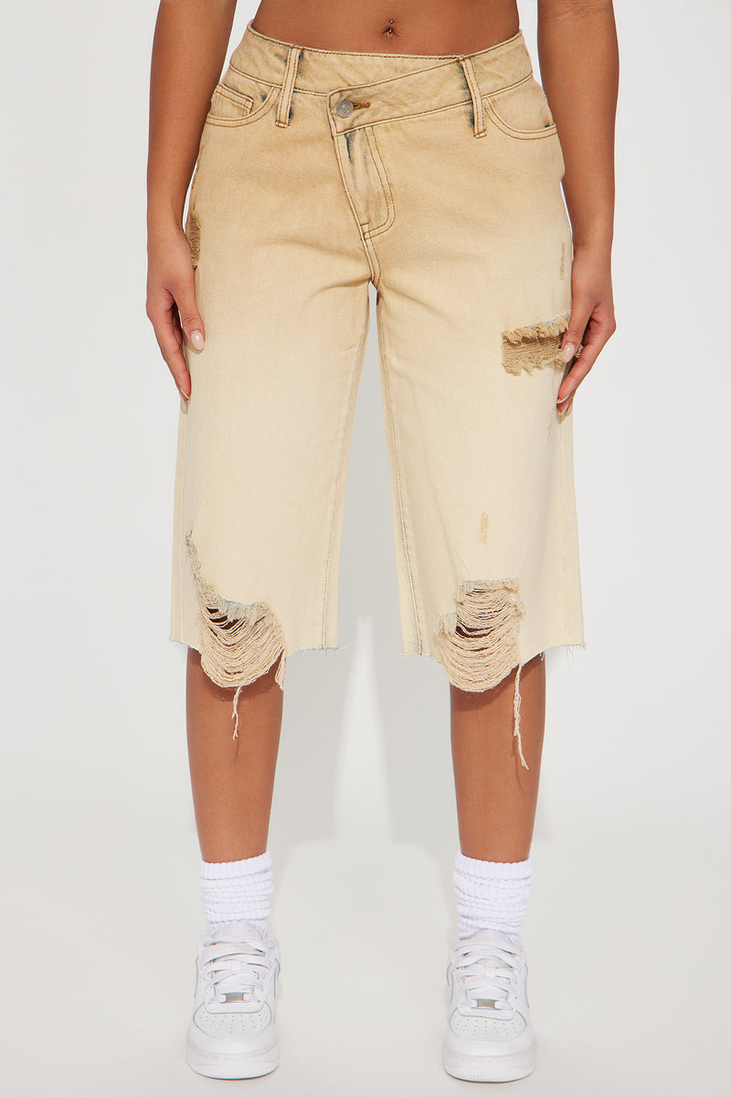 Never Fails Crossover Denim Jorts - Tan | Fashion Nova, Jean Shorts ...