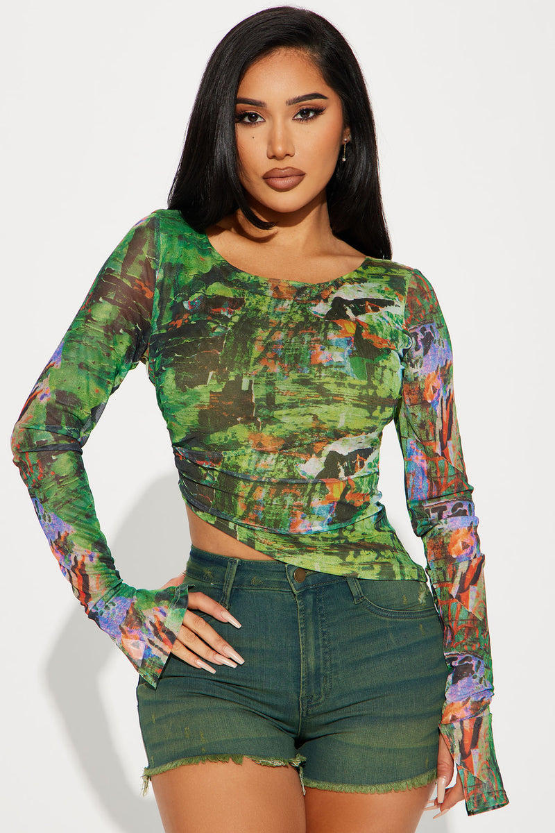 Laurna Asymmetrical Mesh Top - Green/combo | Fashion Nova, Knit Tops ...