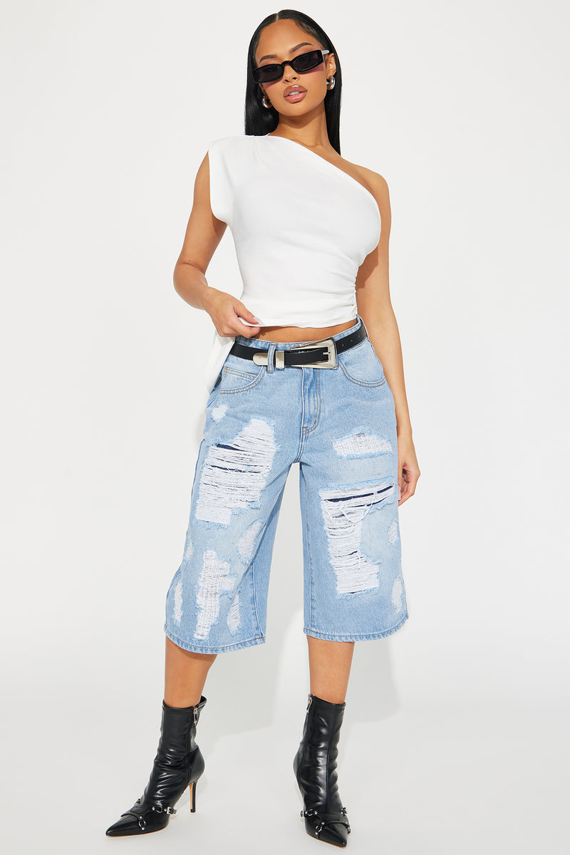 Know Your Place Ripped Denim Jorts - Light Wash | Fashion Nova, Jean ...