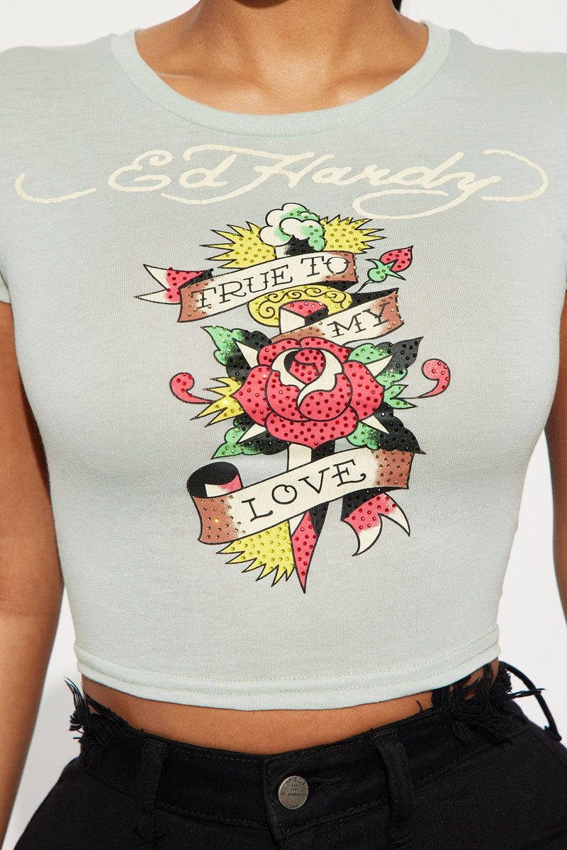 Ed Hardy Roses Rhinestone Baby Tee - Sage | Fashion Nova, Screens Tops ...