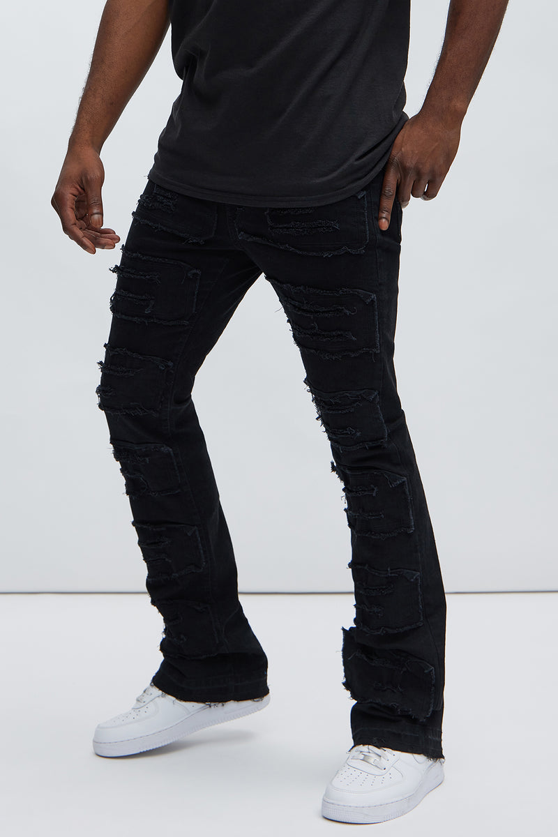 Patch Ripped Stacked Skinny Flare Jeans - Black | Fashion Nova, Mens ...