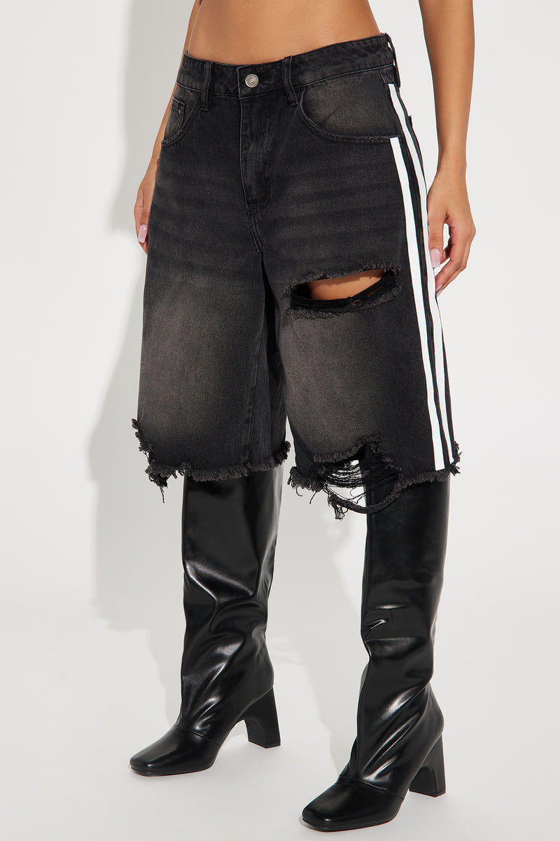 Right On Track Ripped Denim Jorts - Black Wash | Fashion Nova, Jean ...