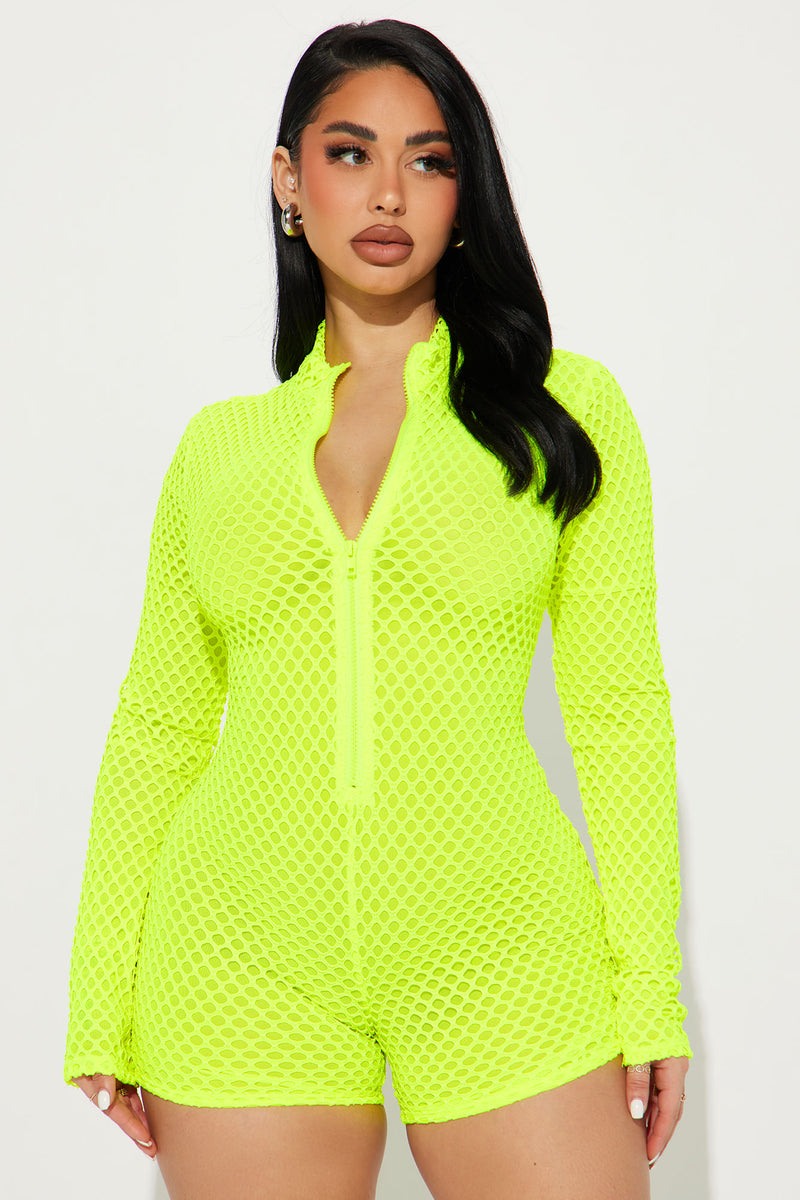 Moving Forward Fishnet Romper - Neon Yellow | Fashion Nova, Rompers ...
