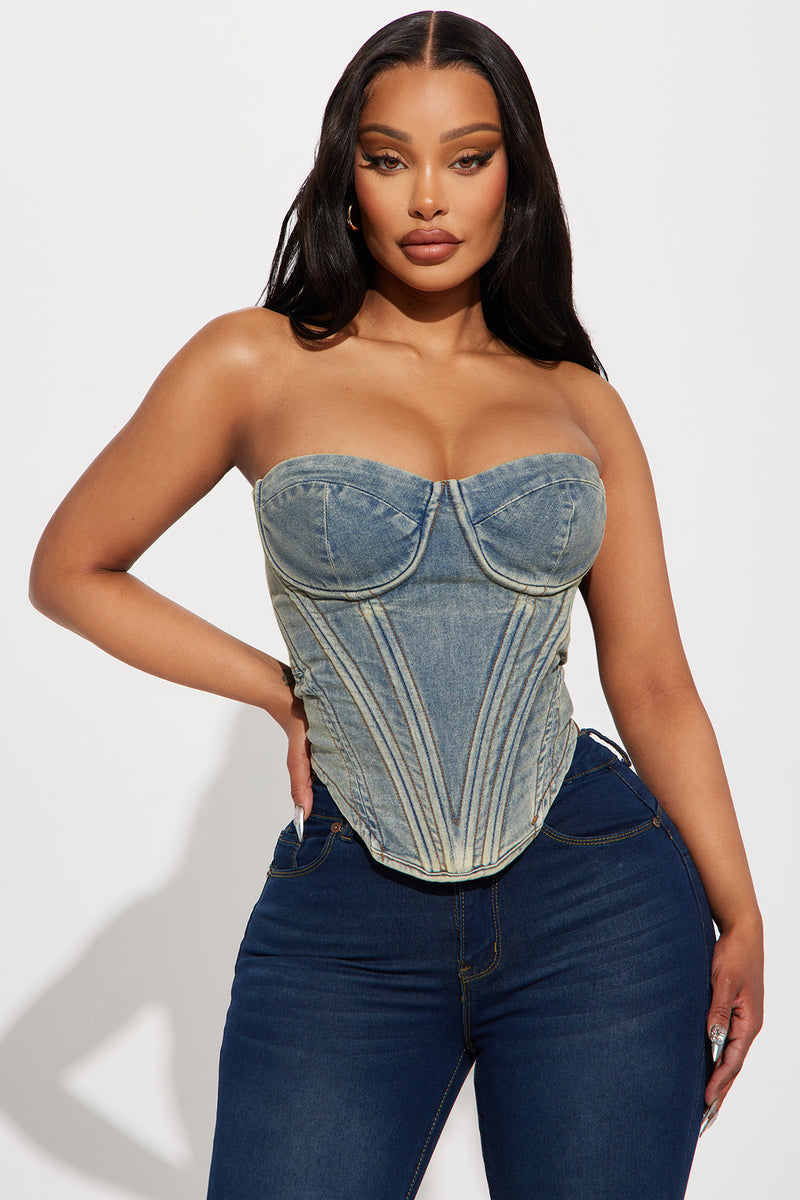 Bae For Tonight Denim Corset Top Vintage Wash Fashion Nova Shirts