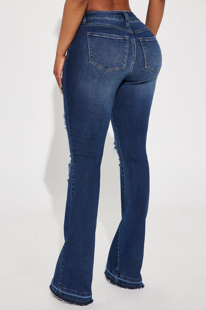 Take No Chances Ripped Stretch Flare Jeans - Dark Wash | Fashion Nova ...
