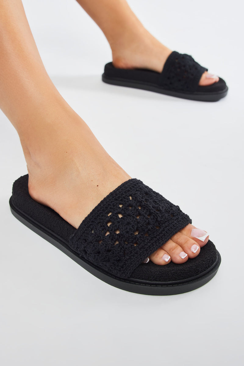 Laid Back Vacay Crochet Slides - Black | Fashion Nova, Shoes | Fashion Nova