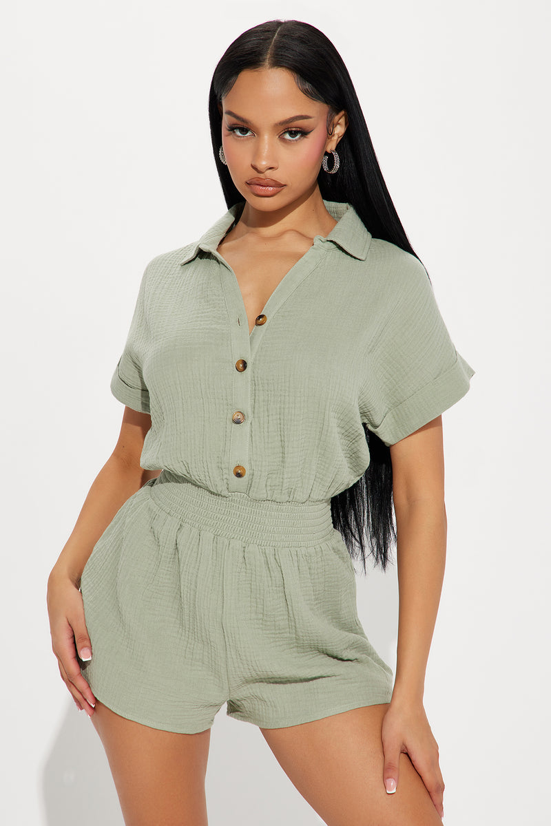 Danielle Collared Romper - Sage | Fashion Nova, Rompers | Fashion Nova