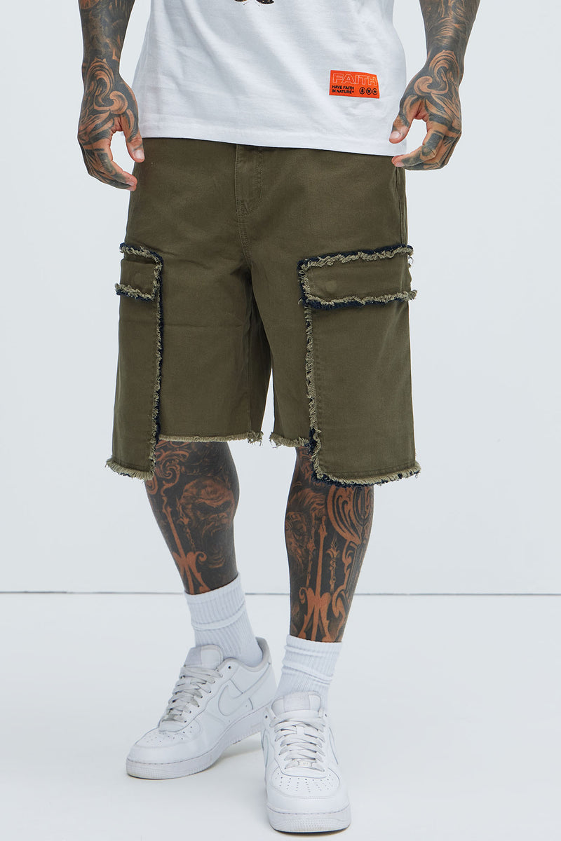 Murphy Raw Relaxed Cargo Denim Shorts - Olive | Fashion Nova, Mens ...