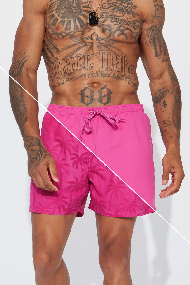 Palm Trees Pattern Change Swim Trunk - Raspberry | Fashion Nova, Mens ...