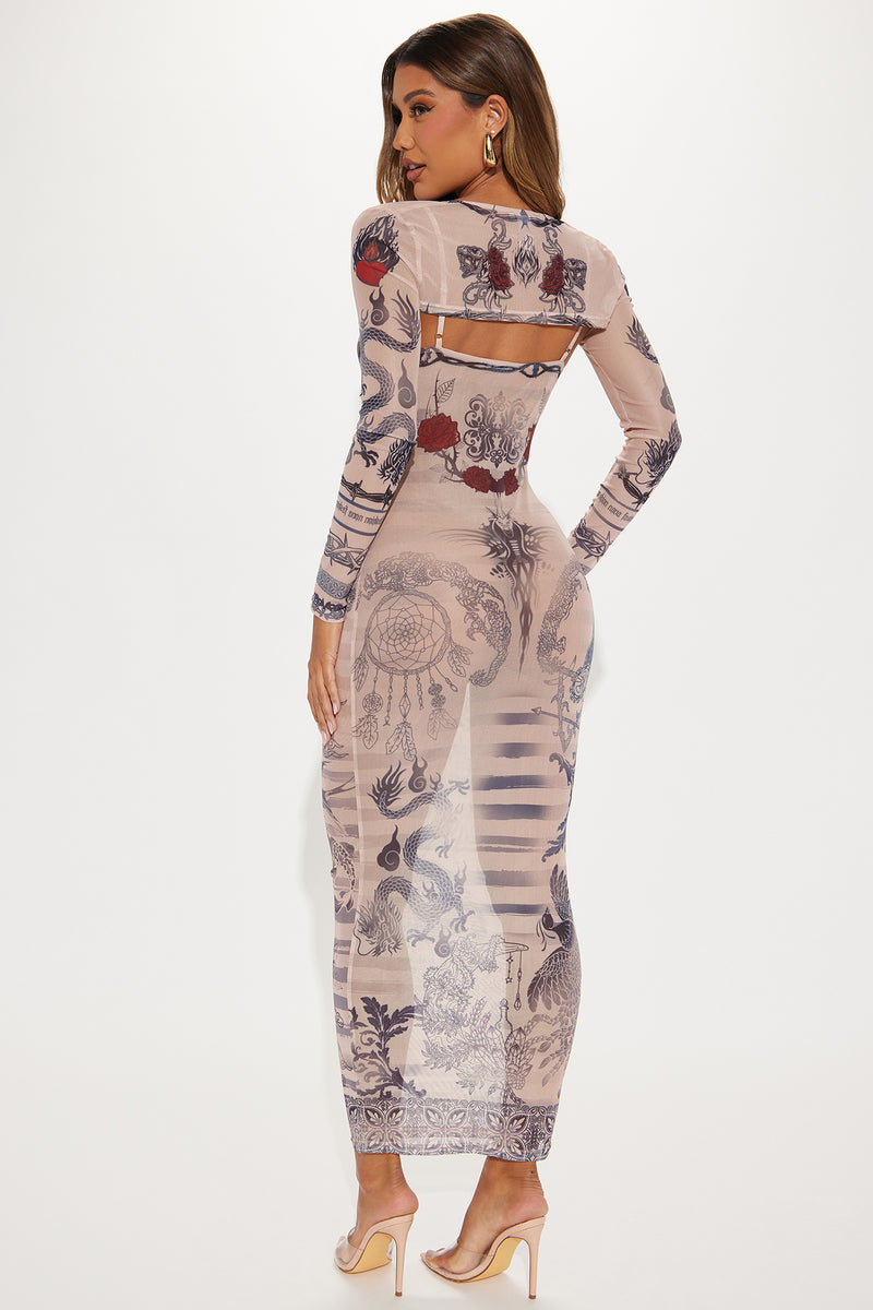 Temporary Tattoo Mesh Maxi Dress - Nude/combo | Fashion Nova, Dresses ...