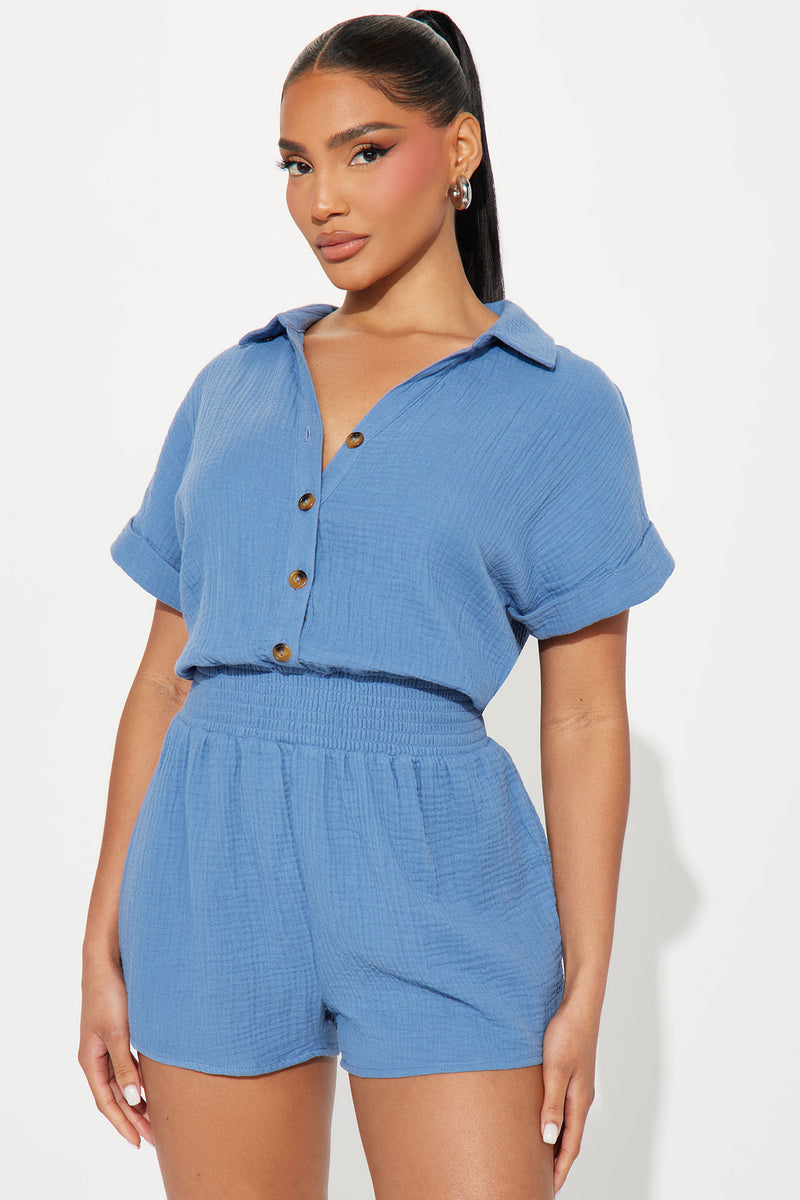 Danielle Collared Romper - Slate Blue | Fashion Nova, Rompers | Fashion Nova