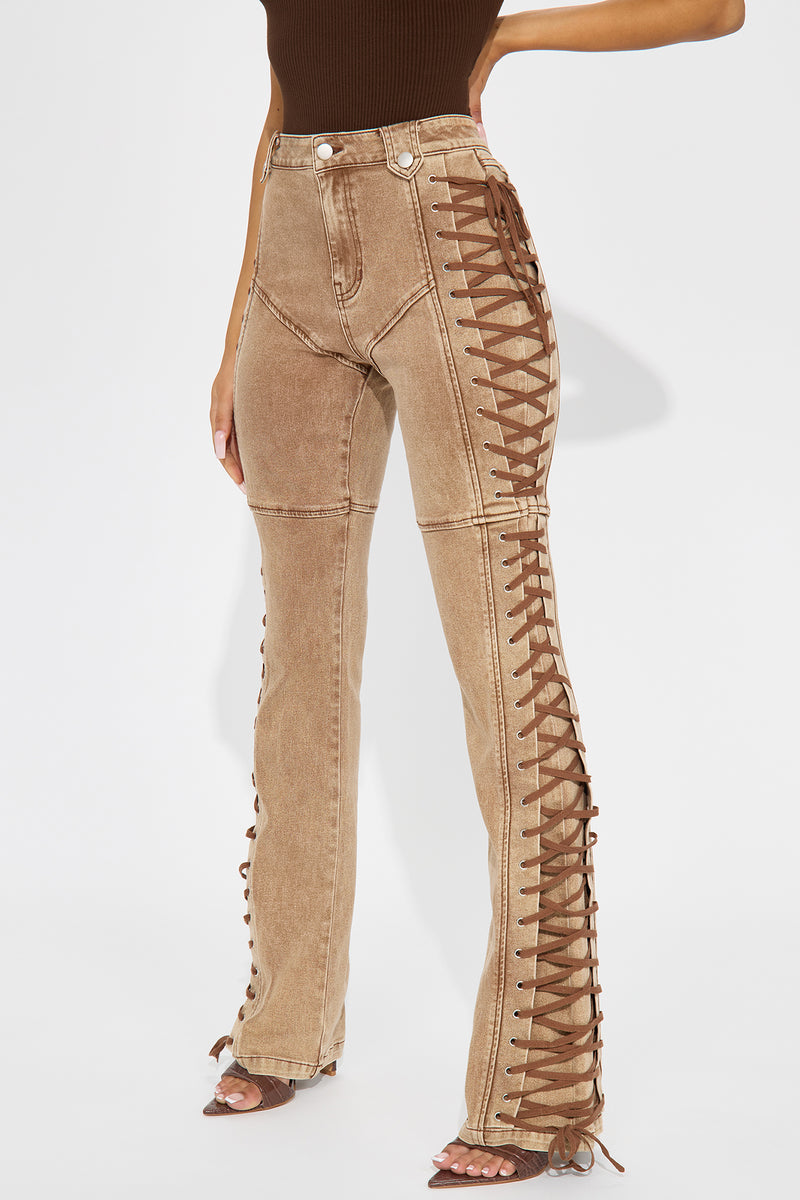 After Hours Lace Up Flare Pant - Khaki | Fashion Nova, Pants | Fashion Nova
