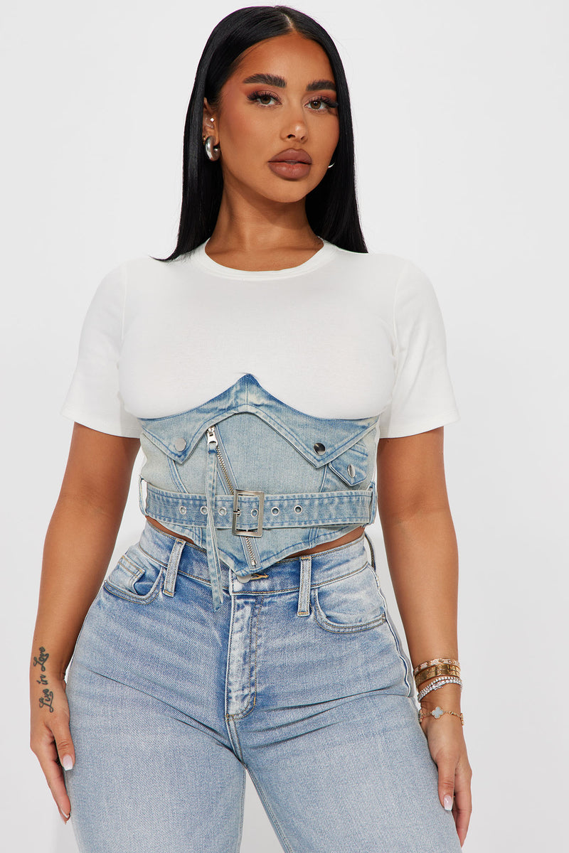 Baddest Behavior Short Sleeve Denim Top - White | Fashion Nova, Knit ...