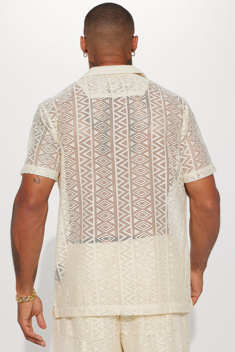 Diagonal Crochet Pattern Short Sleeve Button Up Shirt - Cream | Fashion ...