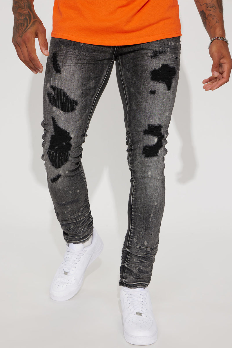 On The Spot Ripped Stacked Skinny Jeans - Black | Fashion Nova, Mens ...