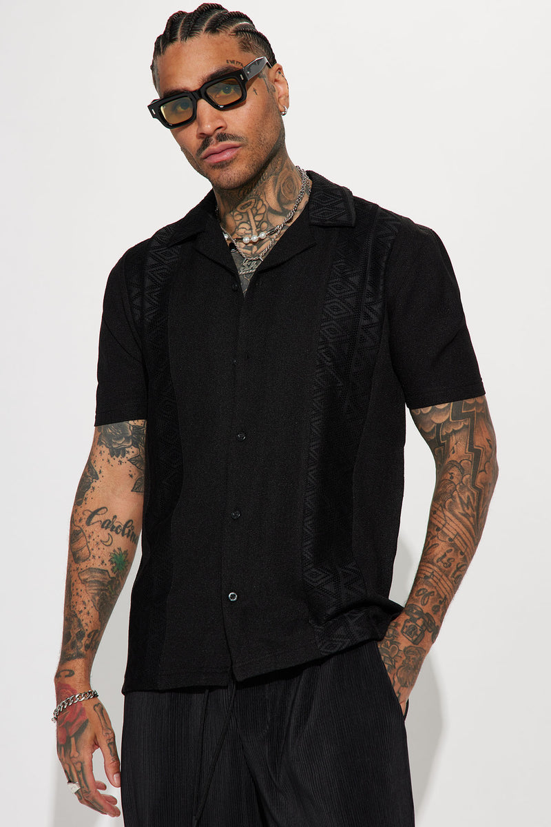 Vertical Crochet Pattern Short Sleeve Button Up Shirt - Black | Fashion ...