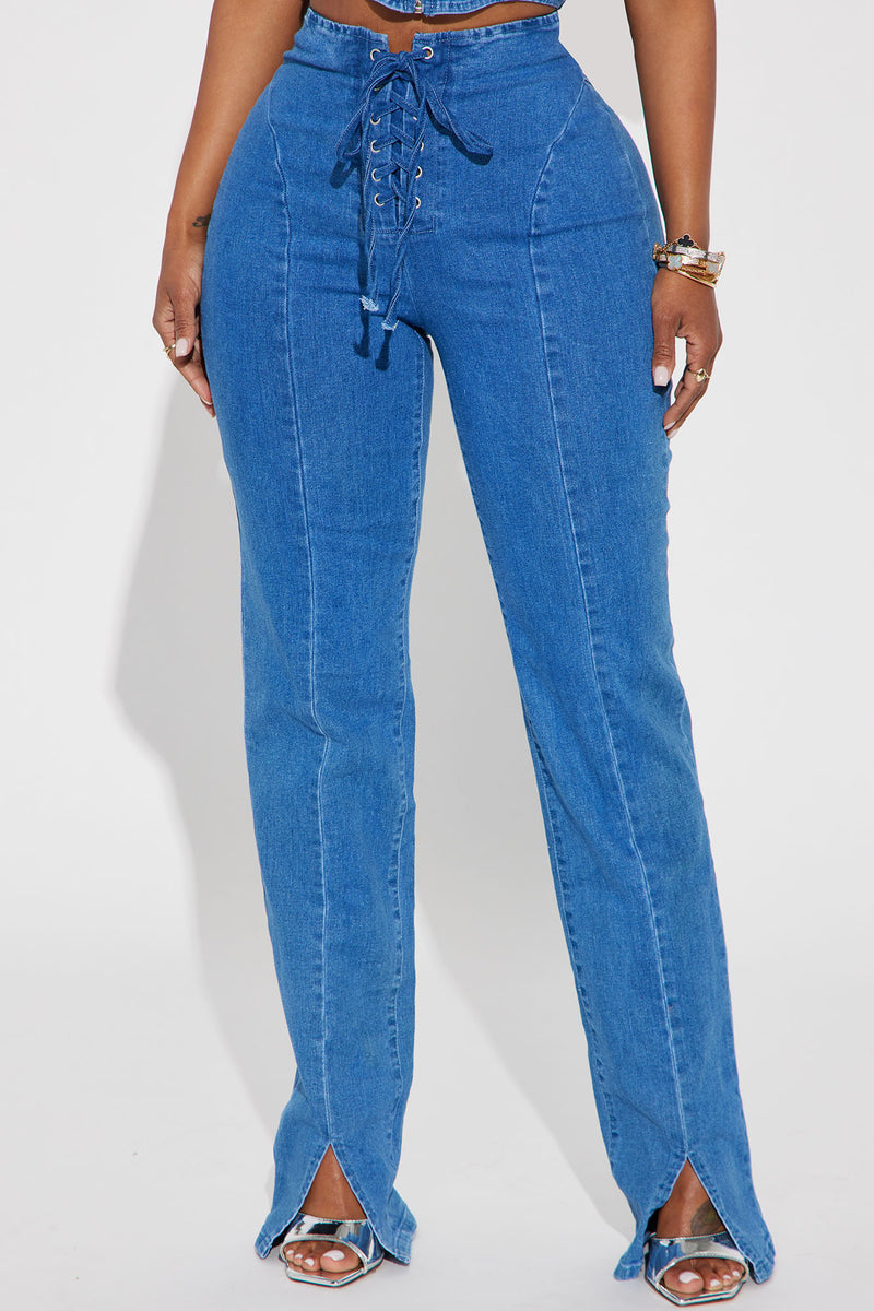 Looking Good Stretch Lace Up Straight Leg Jean - Medium Wash | Fashion ...