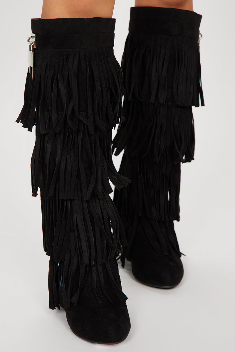 Dixie Fringe Knee High Boots - Black | Fashion Nova, Shoes | Fashion Nova