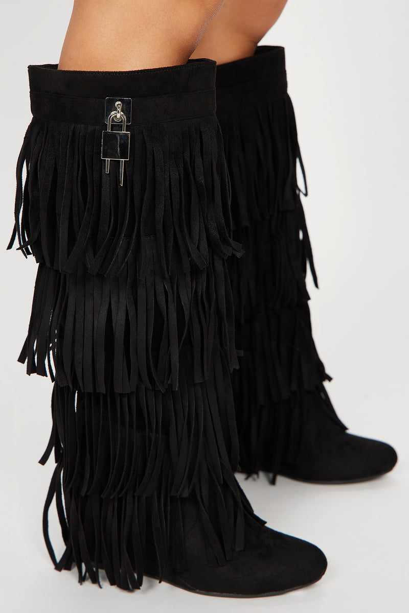 Dixie Fringe Knee High Boots - Black | Fashion Nova, Shoes | Fashion Nova