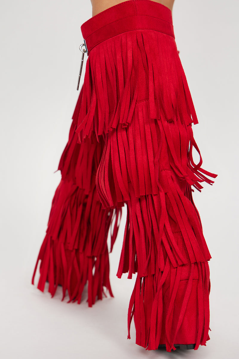 Dixie Fringe Knee High Boots - Red | Fashion Nova, Shoes | Fashion Nova
