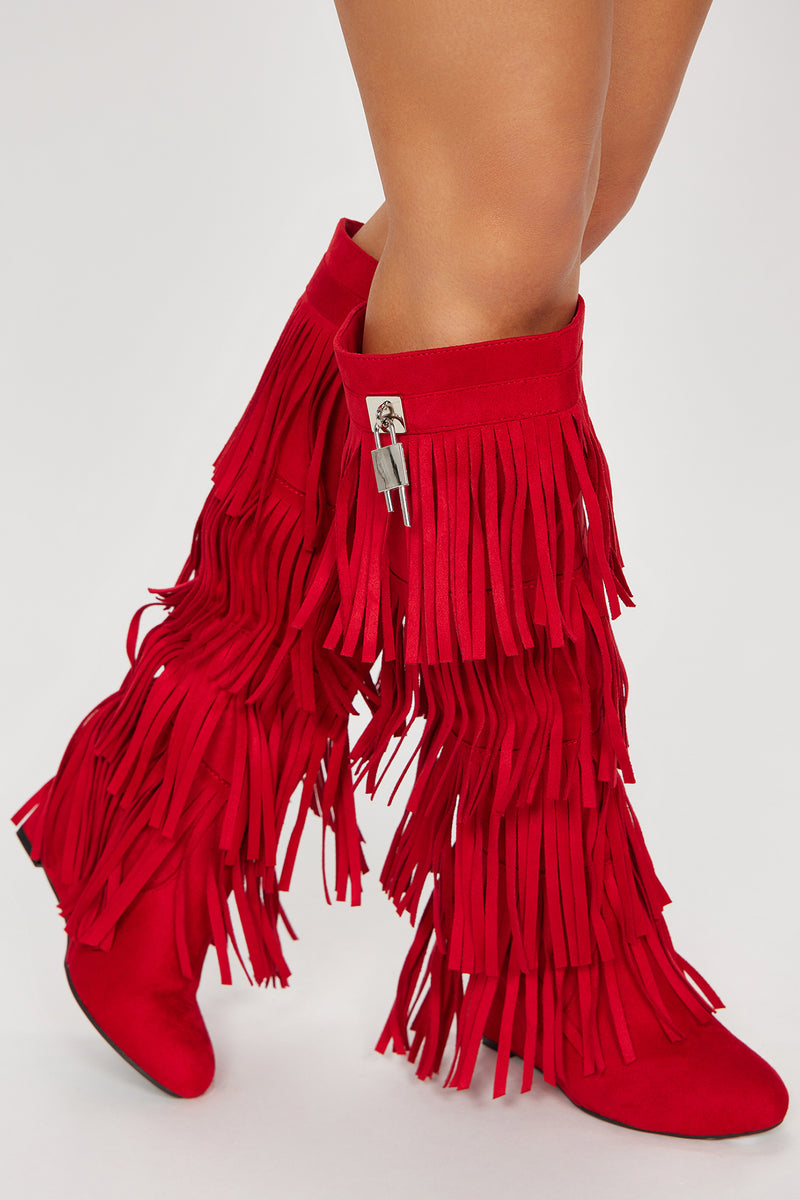 Dixie Fringe Knee High Boots - Red | Fashion Nova, Shoes | Fashion Nova