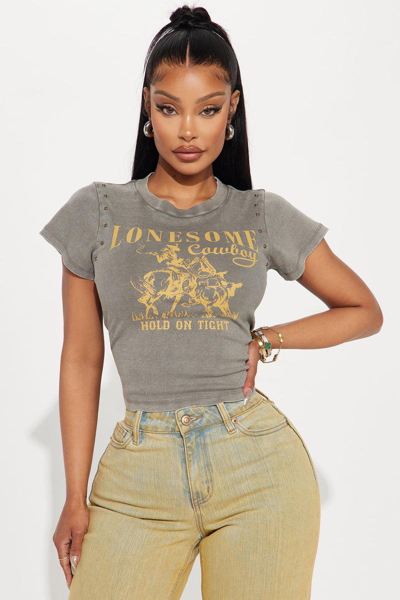 Hold On Tight Cowboy Studded Tee - Charcoal/combo | Fashion Nova ...
