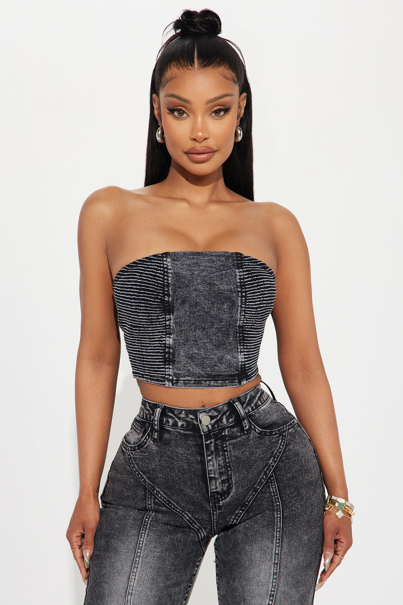 Have It My Way Strapless Moto Denim Top - Black Wash | Fashion Nova ...