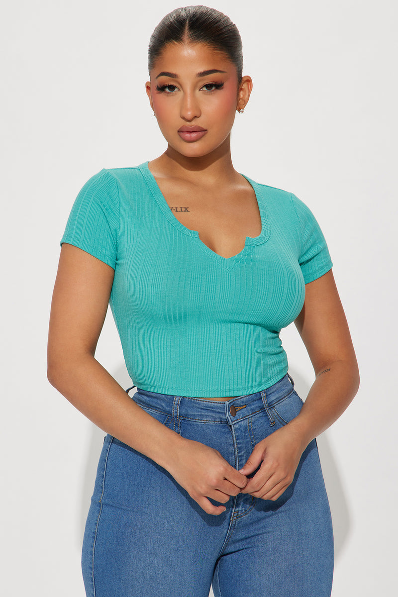 Bailey Ribbed Notched Top - Turquoise | Fashion Nova, Basic Tops ...