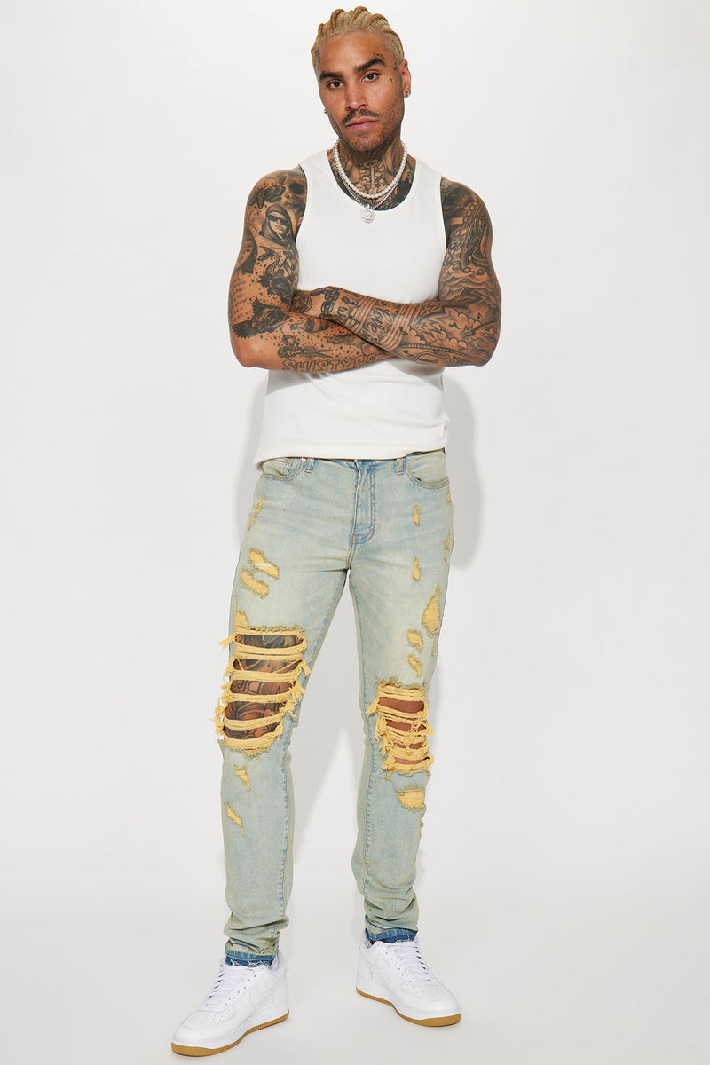 Pray For My Enemies Destroyed Stacked Skinny Jeans - Vintage Blue Wash ...