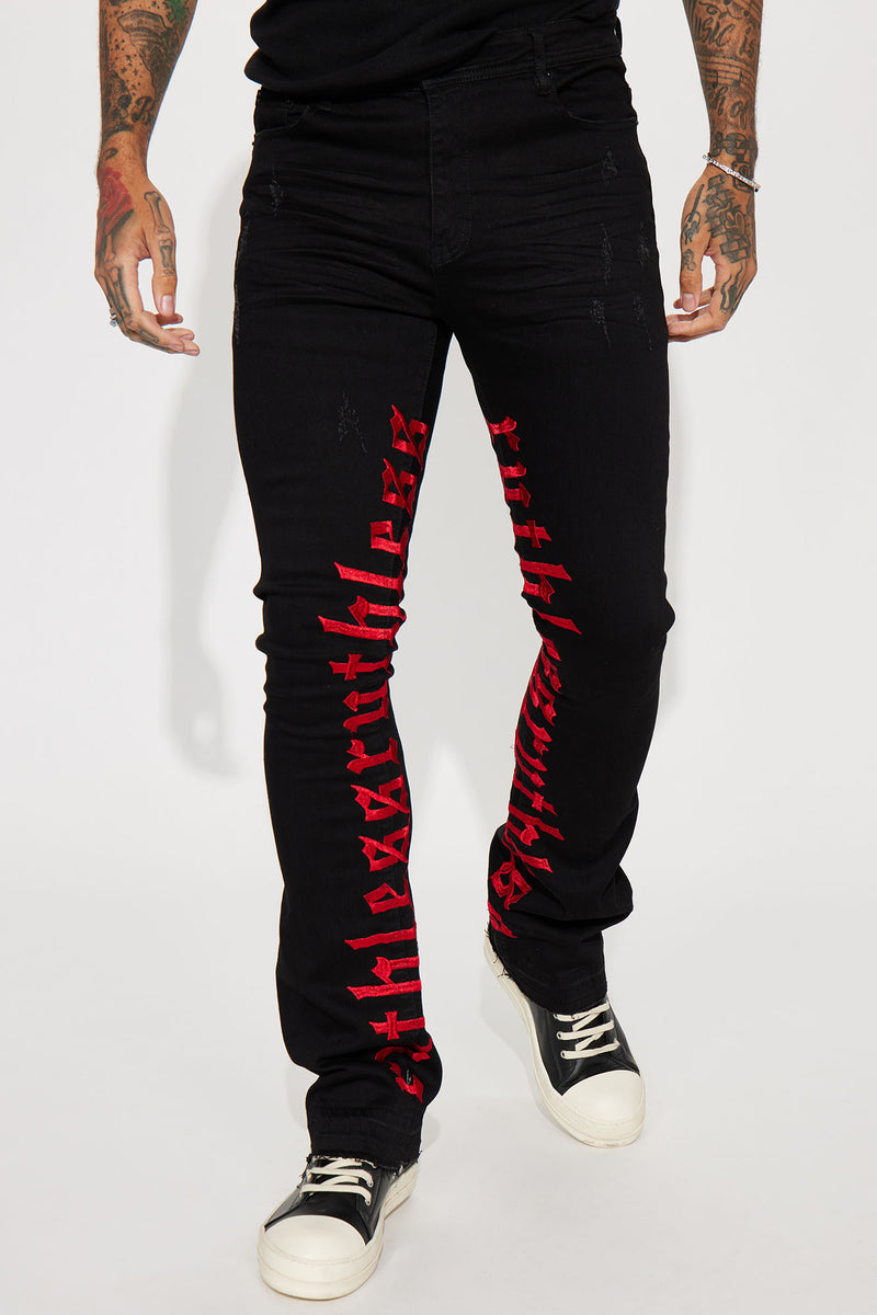 I Be Ruthless Embroidered Stacked Skinny Flare Jeans - Black/Red ...