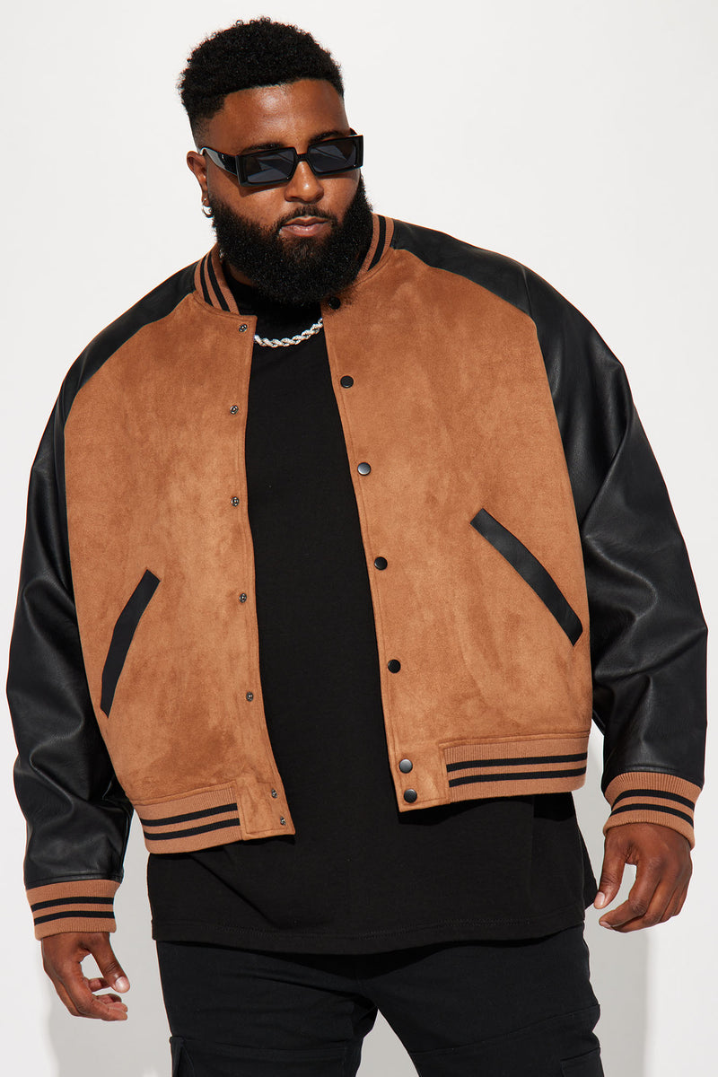 Faux Suede Raglan Varsity Jacket - Camel/combo | Fashion Nova, Mens ...