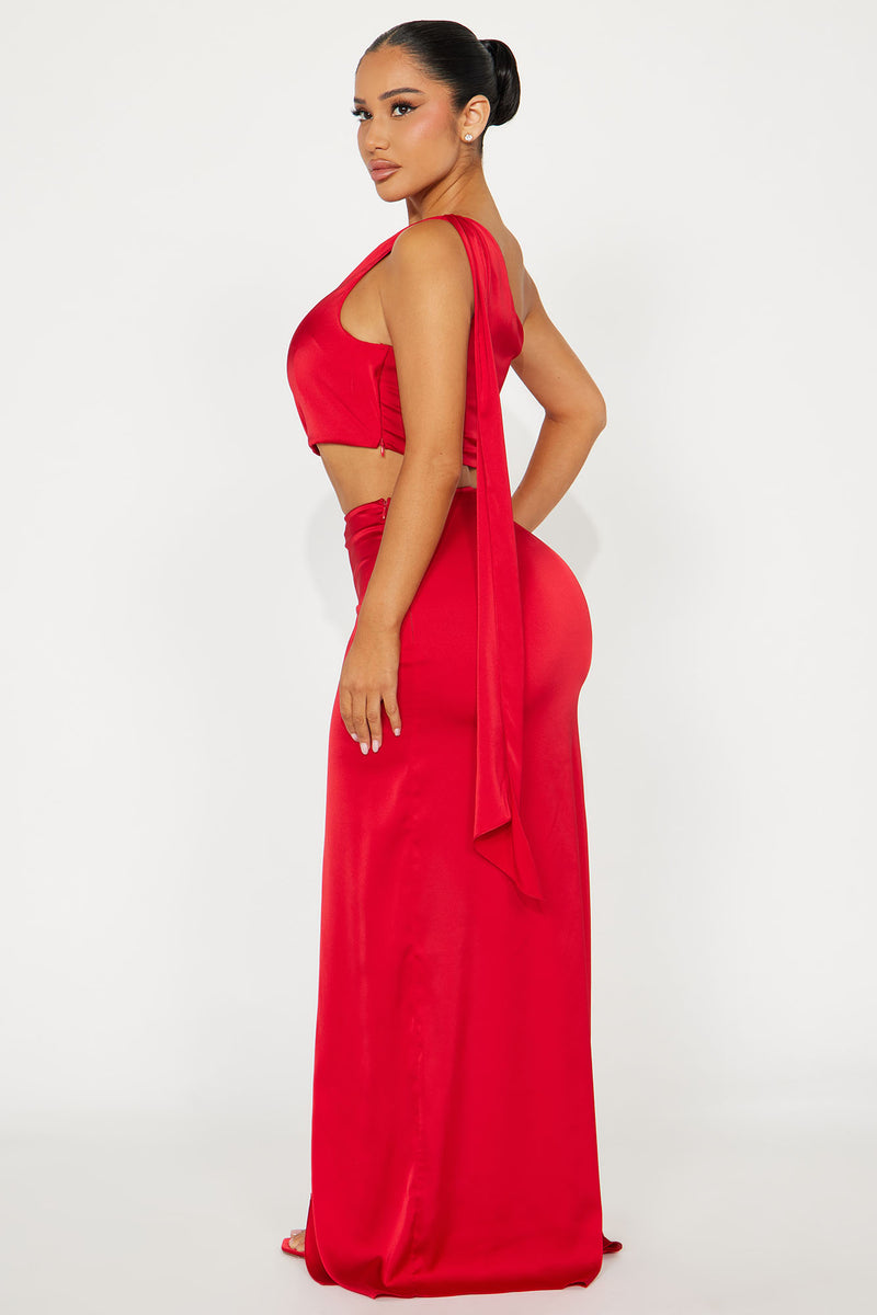Mya Satin One Shoulder Maxi Skirt Set - Red | Fashion Nova, Matching ...
