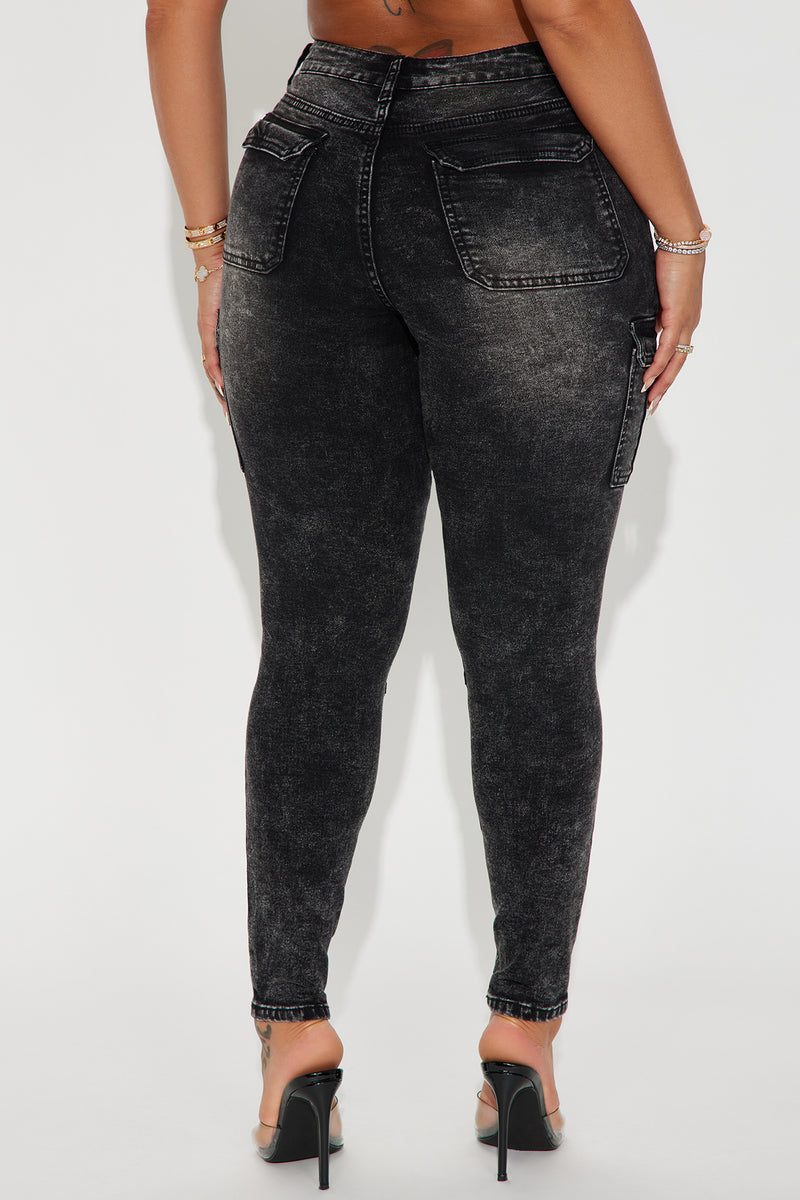 Jallisa Stretch Acid Wash Cargo Skinny Jeans - Black Wash | Fashion ...